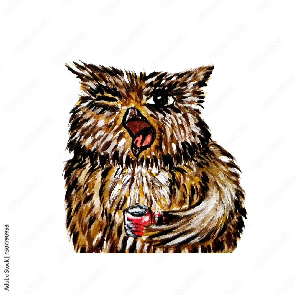 Sticker "yawning owl in the morning with a cup of coffee". Emotional ...