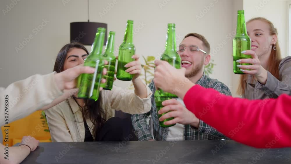 Celebration beer cheers concept, hands holding up bottles beer people ...