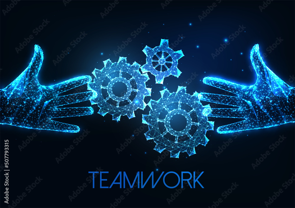 Futuristic teamwork, collaboration concept with glowing hands touching ...