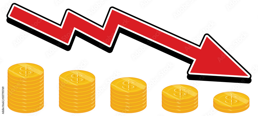 Red arrow going down with coin stacks Stock Vector | Adobe Stock