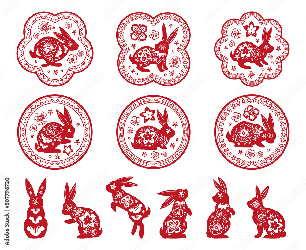 New Year horoscope red rabbits mascots with flowers. Oriental red paper ...