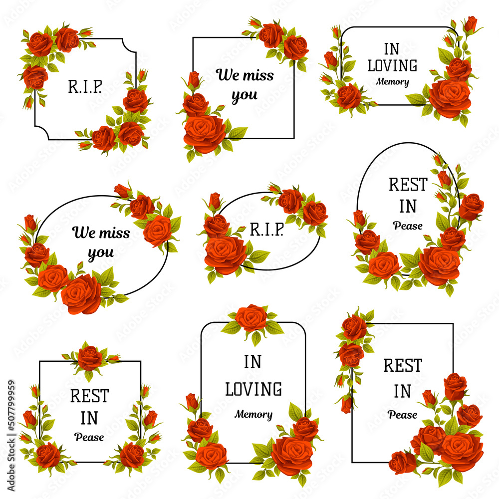 Funeral Red Rose Frame with Text Quote and Inscription Vector Set Stock ...