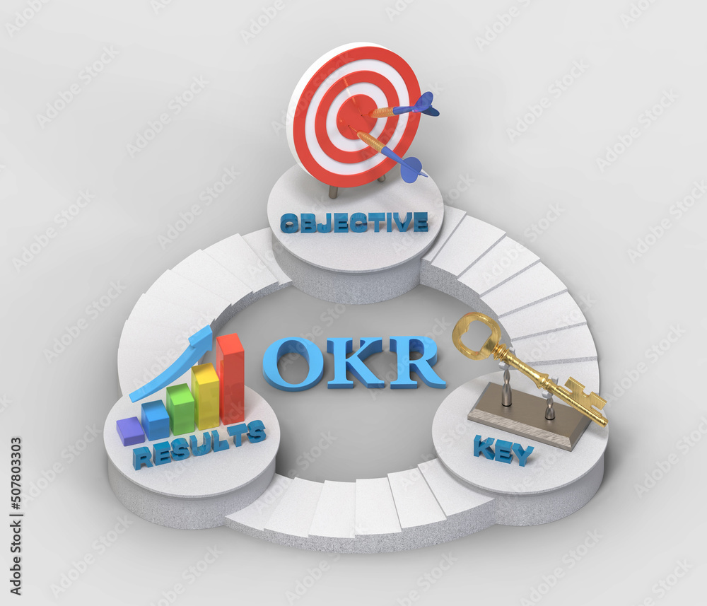 OKR. objectives and key results. Target, key, chart icons placed on ...