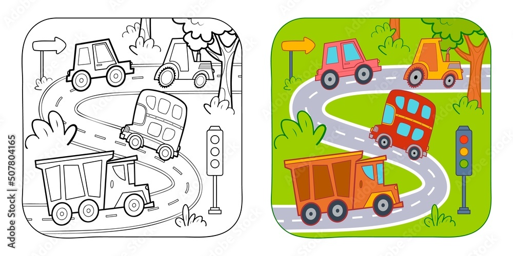 Coloring book or Coloring page for kids. Car vector clipart. Nature ...
