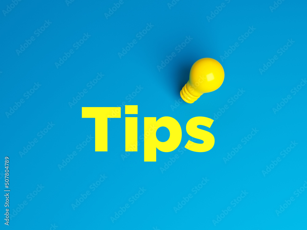 Orange color light bulb icon and tips text. On blue color background ...