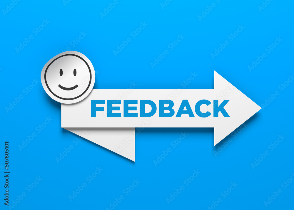 Feedback concept emoticon and arrow shape on blue color background ...