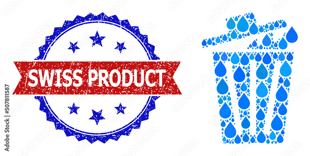 Vector mosaic office bucket, and bicolor scratched Swiss Product seal ...