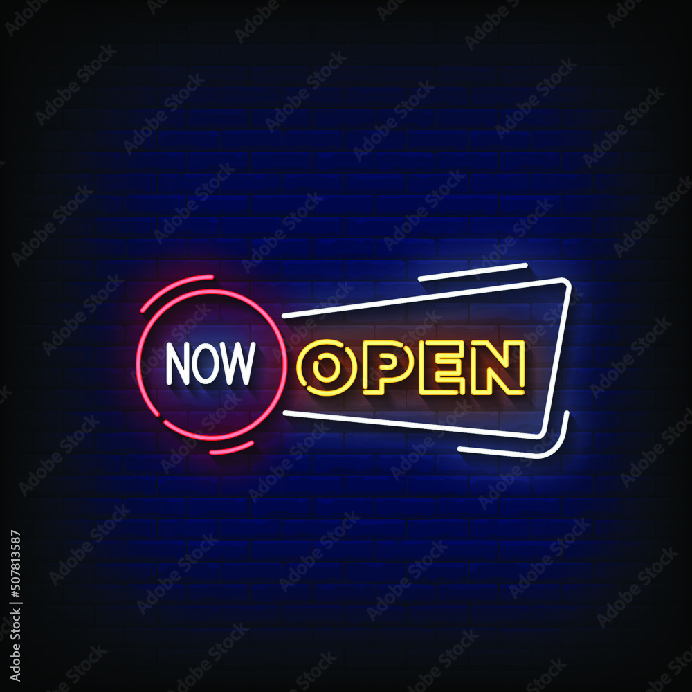 Now Open Neon Sign On Brick Wall Background Vector Stock Vector | Adobe ...