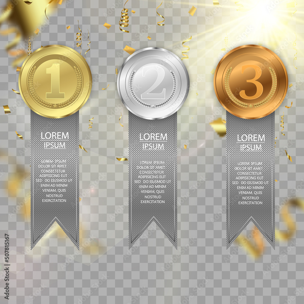Set of gold, bronze and silver. Winner award competition, prize medal ...