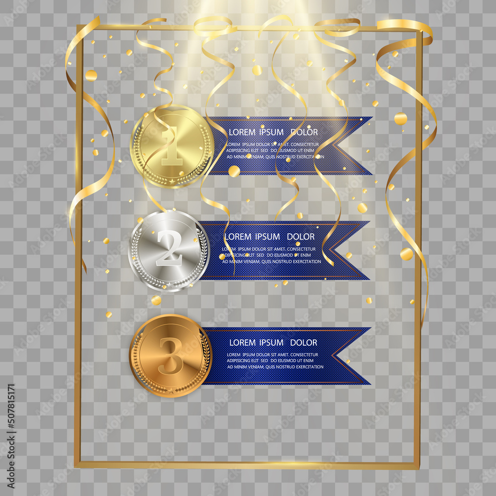 Set of gold, bronze and silver. Winner award competition, prize medal ...