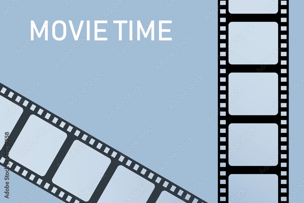 Movie time flat concept background. Black film strip on blue background ...