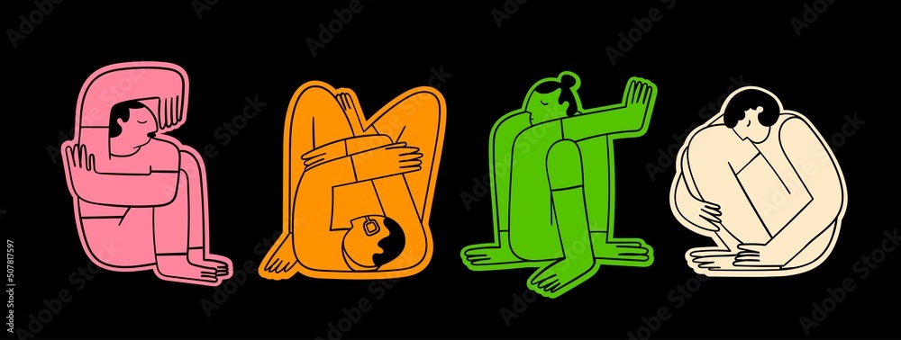 People sitting or lying in different poses. Sleeping in uncomfortable ...