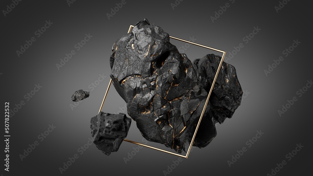 3d render, abstract black background with levitating stones rocks with ...