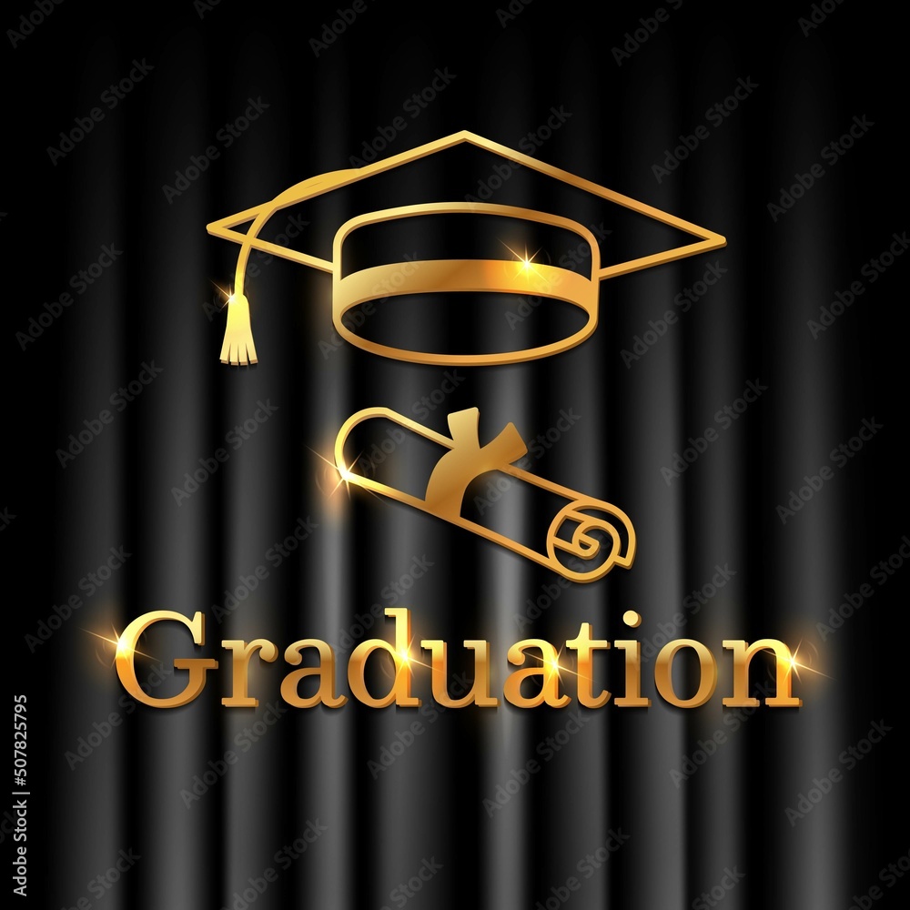 Golden congratulatory shiny poster for graduation with text, hat ...