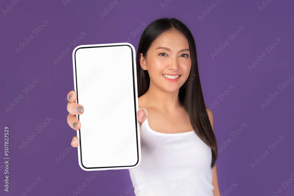 Full body length photo portrait of beautiful Asian young woman showing ...