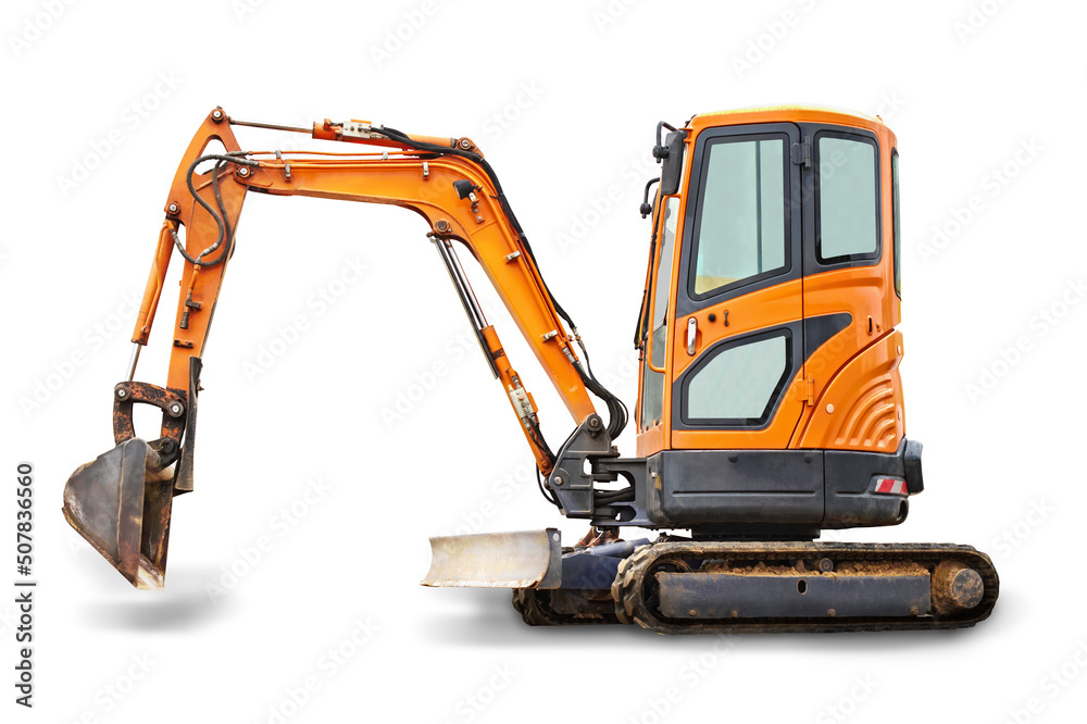 Small or mini excavator with clipping path isolated on white background ...
