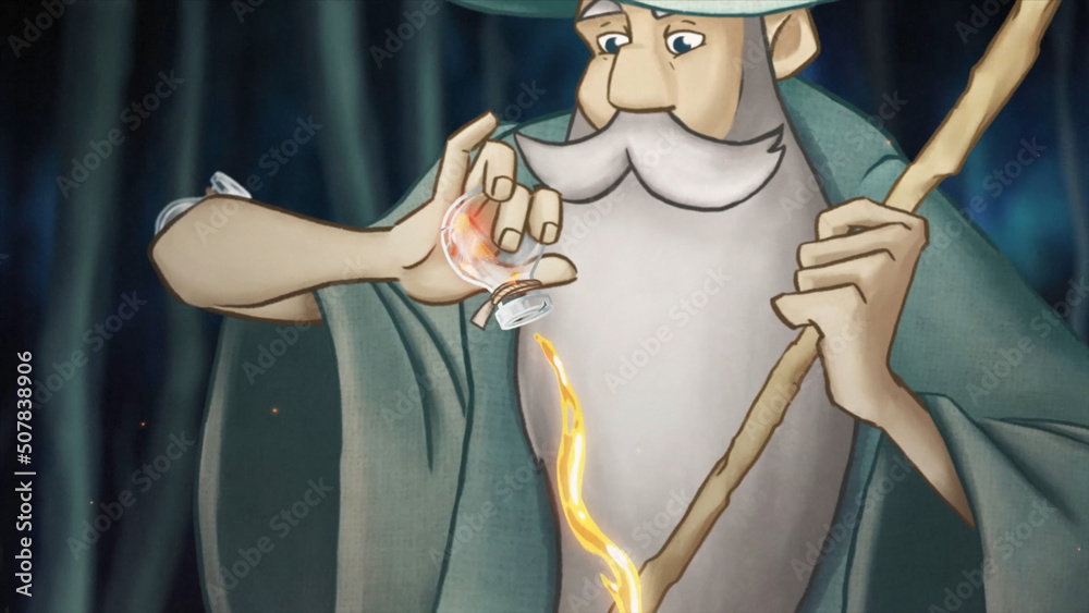 Cute cartoon wizard preparing a potion in a cauldron and adding some ...