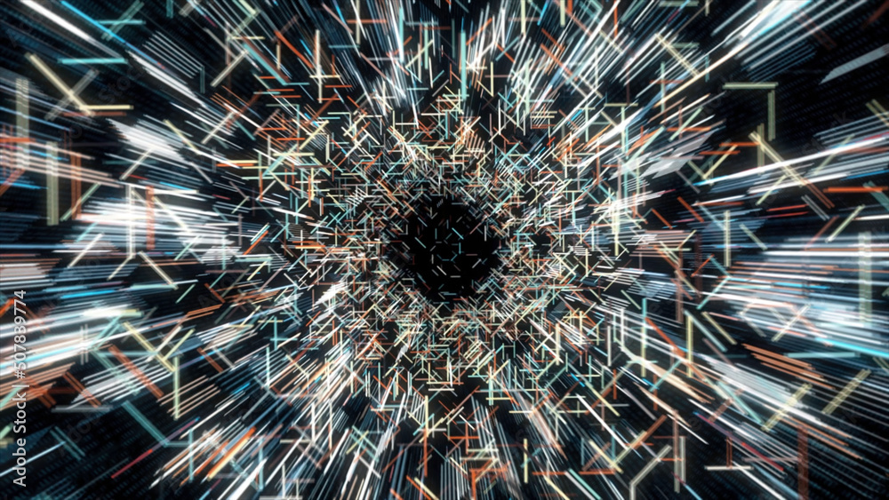 Moving forward inside fluorescent ultraviolet glowing light lines ...