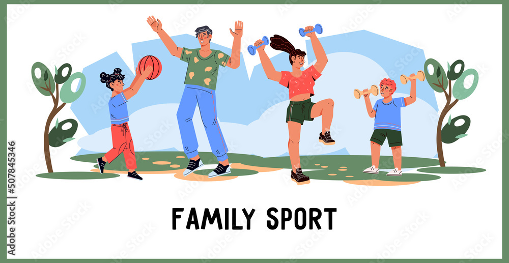 Family sport and outdoor activity banner template with mother, father ...