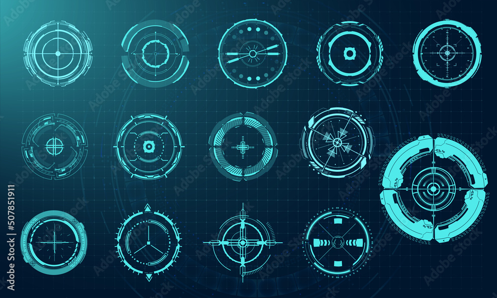 A large set of futuristic sights isolated on a blue background. The ...