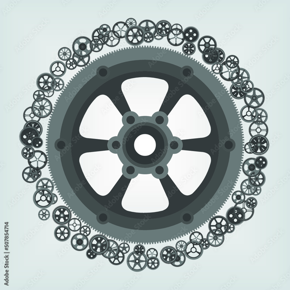 One big wheel and many wheels of different forms and sizes around on ...