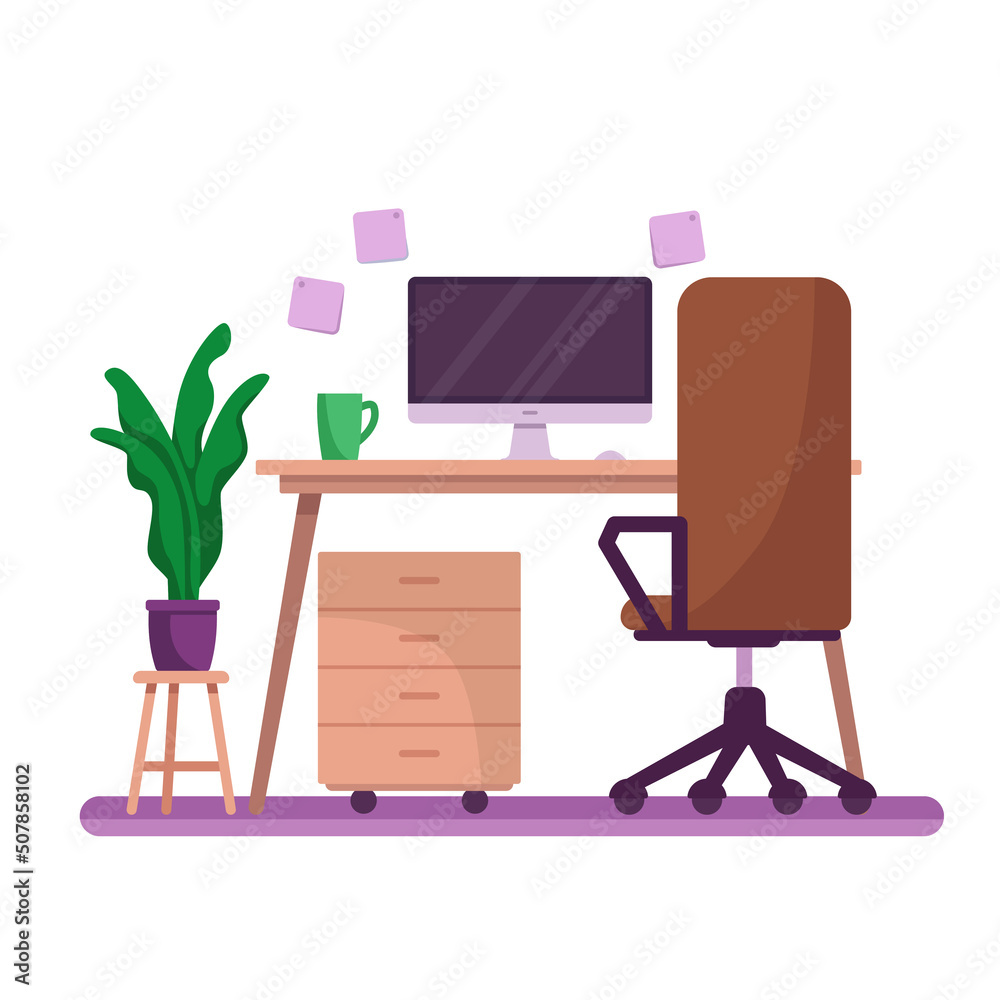 Office interior flat vector illustration. Cartoon desk with computer ...
