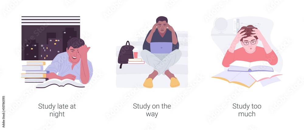 Preparing for exams isolated cartoon vector illustrations set. Stock ...