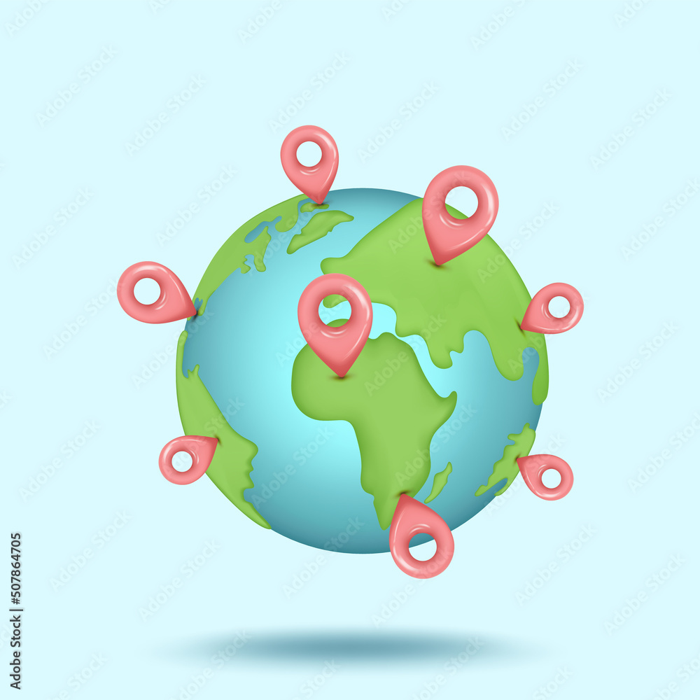3D earth globe with pinpoints online deliver service, delivery tracking, pin location point ...
