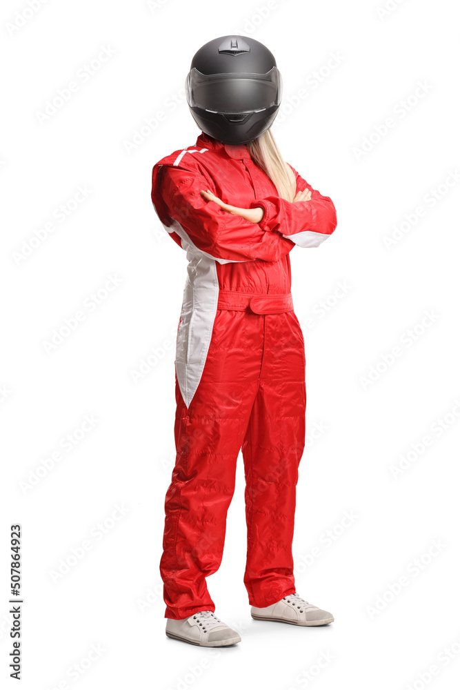 Female racer in a red suit and black helmet posing Stock Photo | Adobe ...