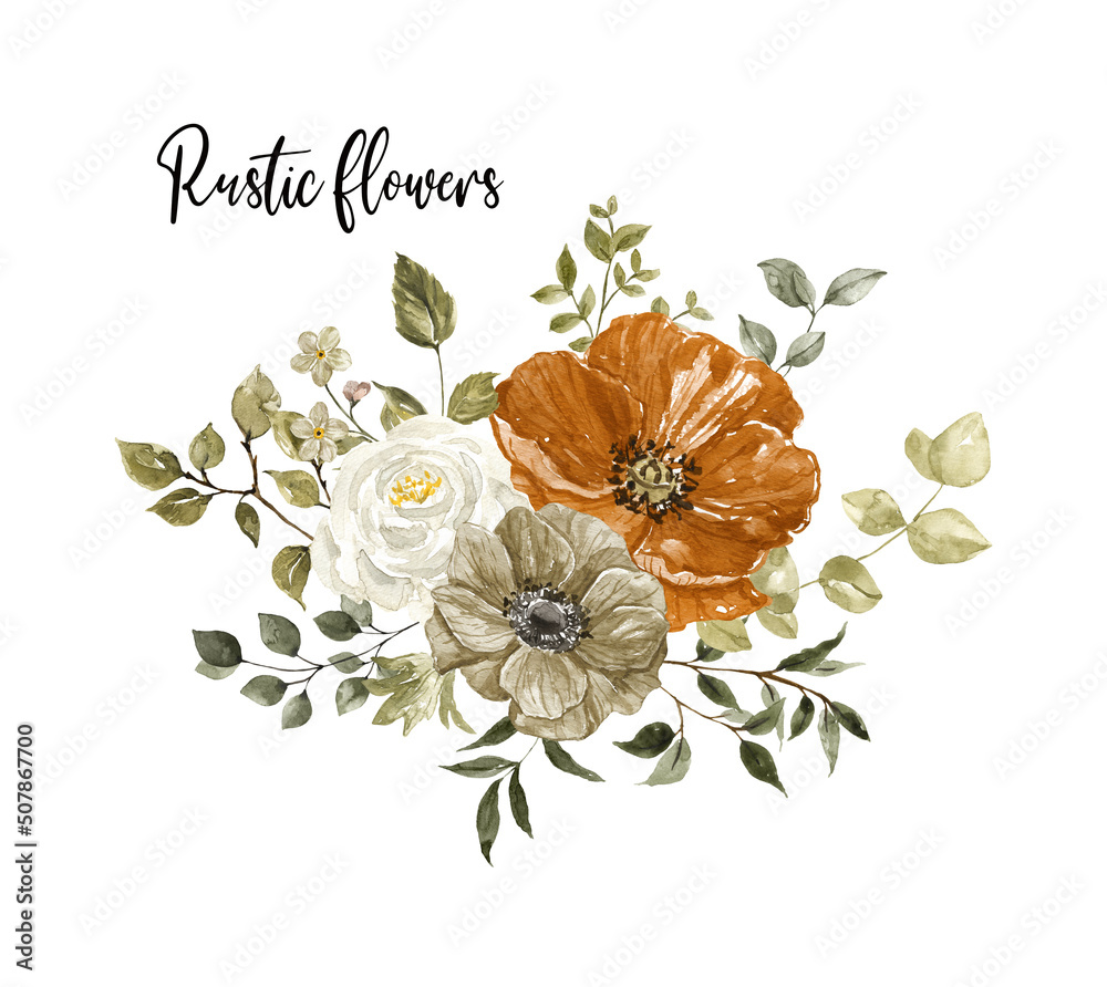 Watercolor floral arrangement. Rustic flowers and leaves botanical ...
