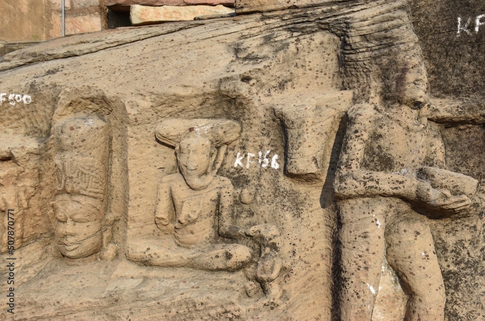 Indian Architecture of 5th Century. Stone sculptures on the wall inside ...