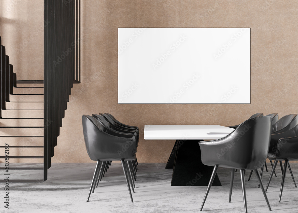 Conference room with blank, empty TV screen. Monitor mock up. Business ...