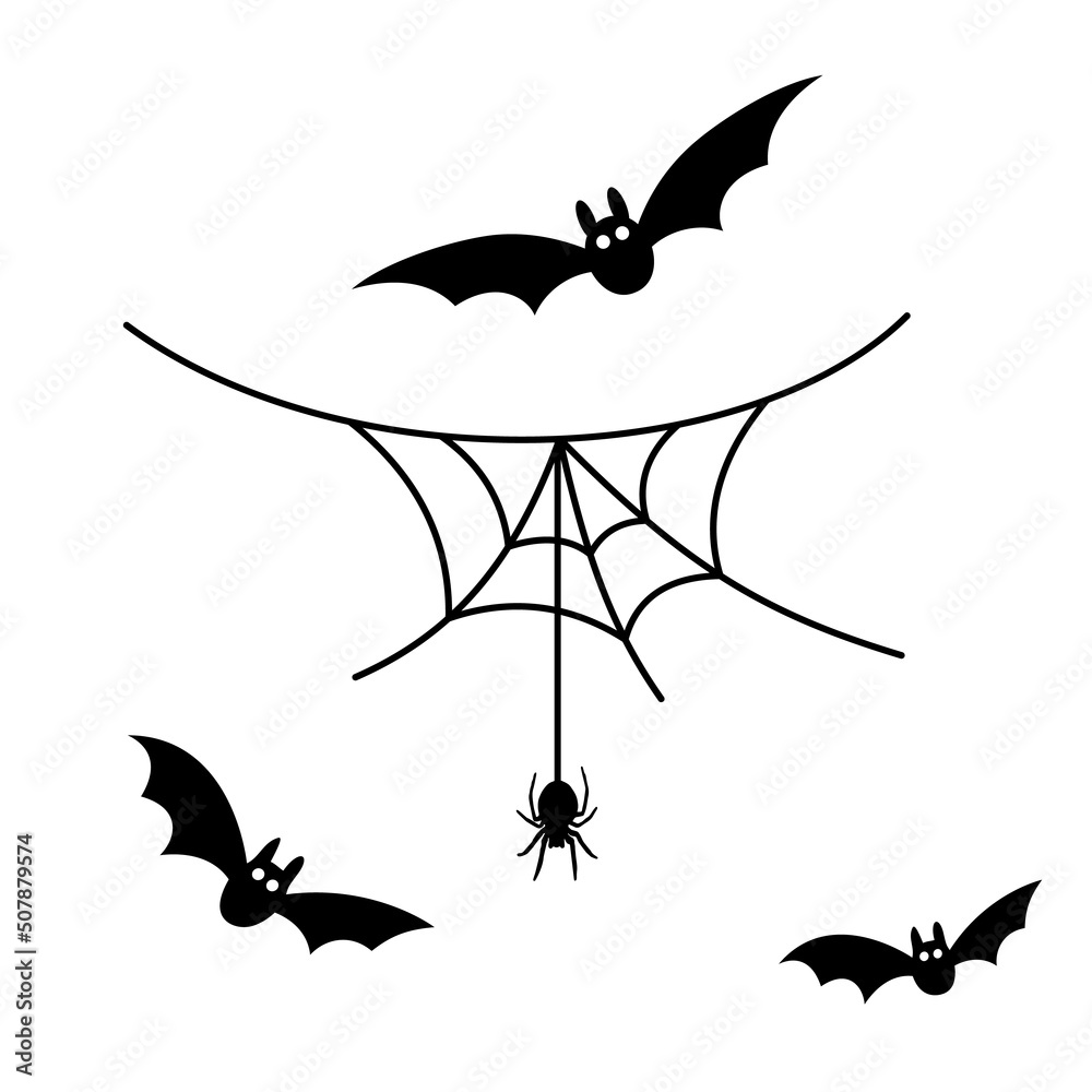 Scary spiderweb. Black cobweb, bat, hanging spider, isolated white ...