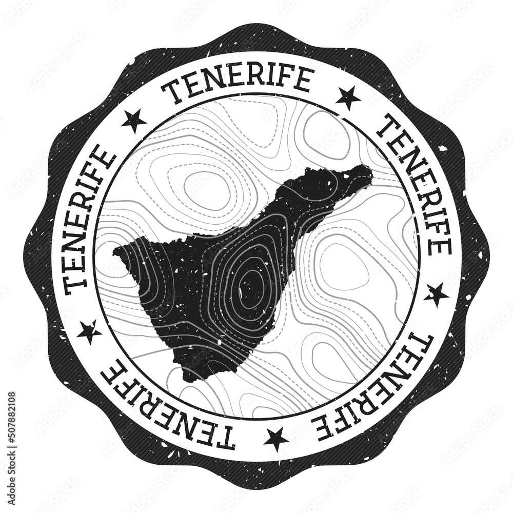 Tenerife outdoor stamp. Round sticker with map of island with ...