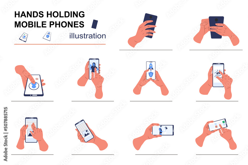 Hands holding mobile phones concept with people scene set. Human hands ...