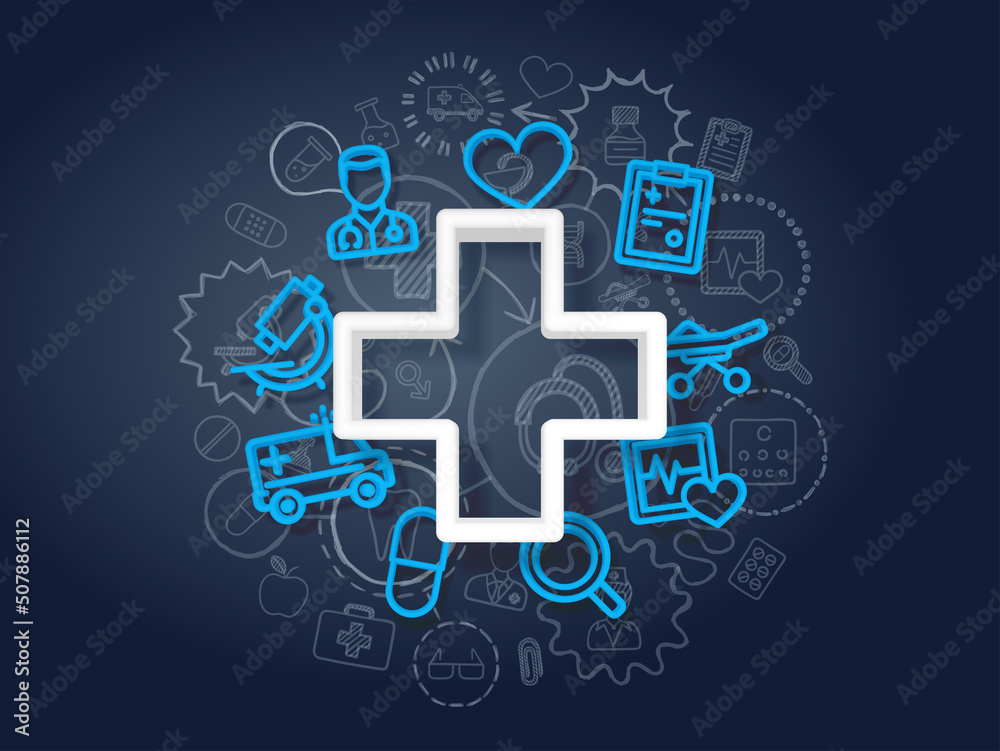 Modern style illustration of medical cross and different icons for ...