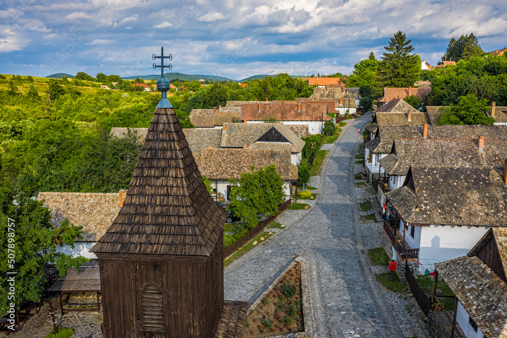 Holloko, Hungary - Aerial view of the tower of the traditional catholic ...