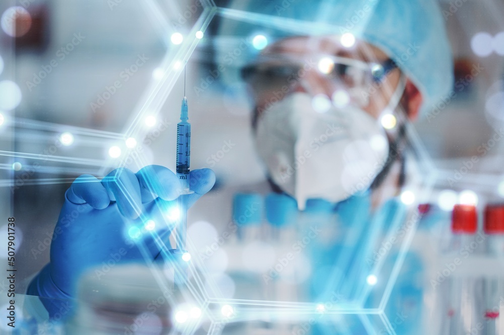 Foto de Scientist with tube pcr and virtual screen with data scientific ...
