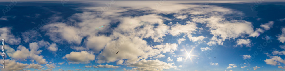 Blue sky panorama with puffy Cumulus clouds. Seamless hdr pano in ...