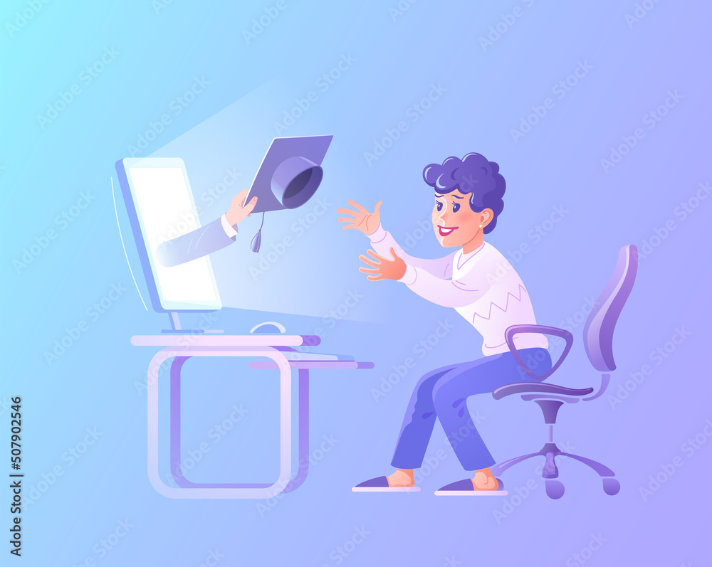 Success of distance learning. Young woman gets online education. Vector ...
