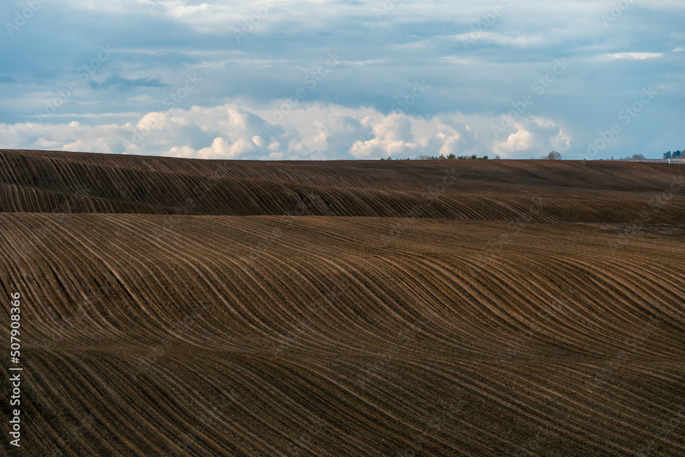 Rows of soil before planting. Drawing of furrows on a plowed field ...