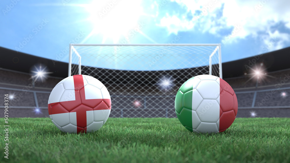 Two soccer balls in flags colors on stadium blurred background. England ...