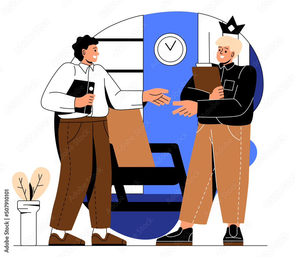 Moral principles of company. Teamwork of honest employees. Men observe ...