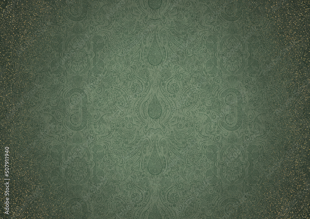 Hand-drawn unique abstract ornament. Dark green on light warm green ...