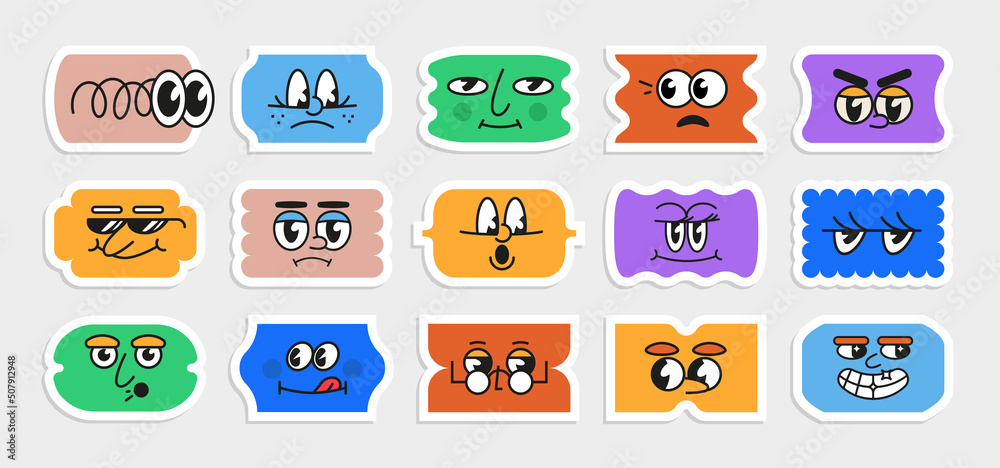Cool comic sticker figures. Set of sale price tags shapes with smiling ...