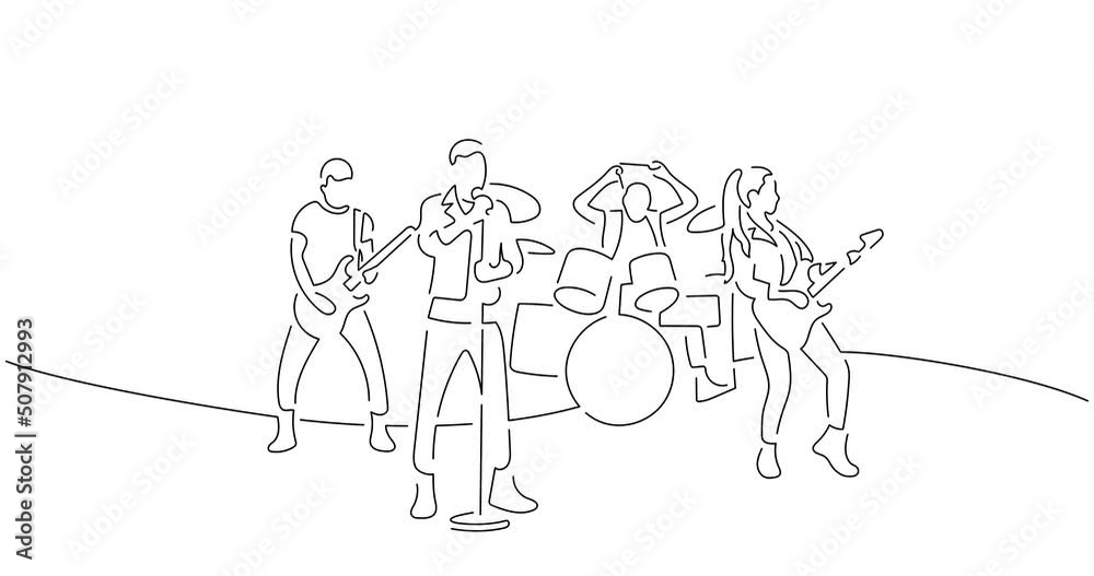 Rock band in line art animation. Video footage of a group of musicians ...