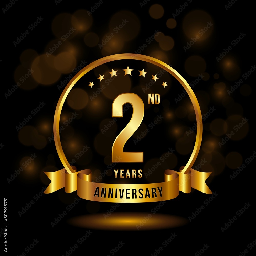 2 years anniversary logo with golden ring and ribbon for booklet ...
