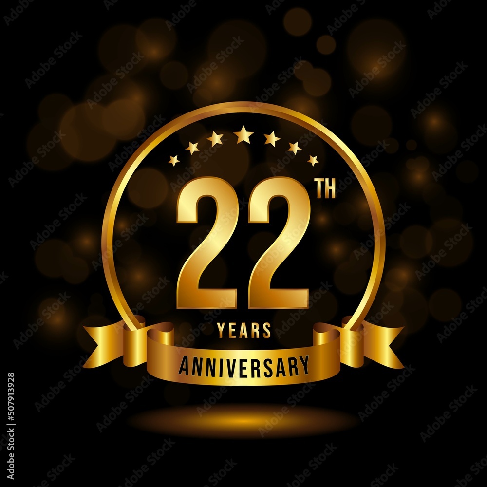 22 years anniversary logo with golden ring and ribbon for booklet ...