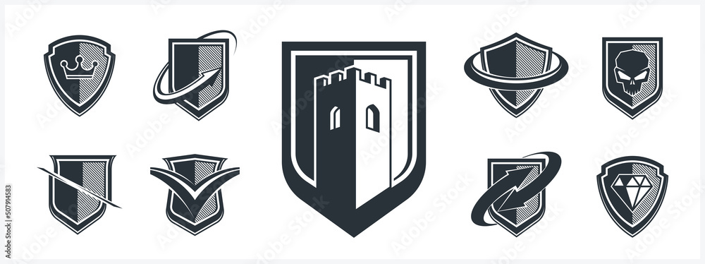 Classic shields shapes set with different additional elements vector ...