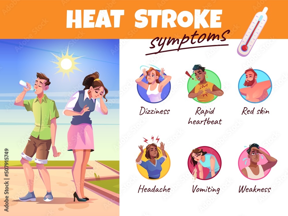 Heat stroke symptoms. Tired persons under scorching sun, hot summer ...